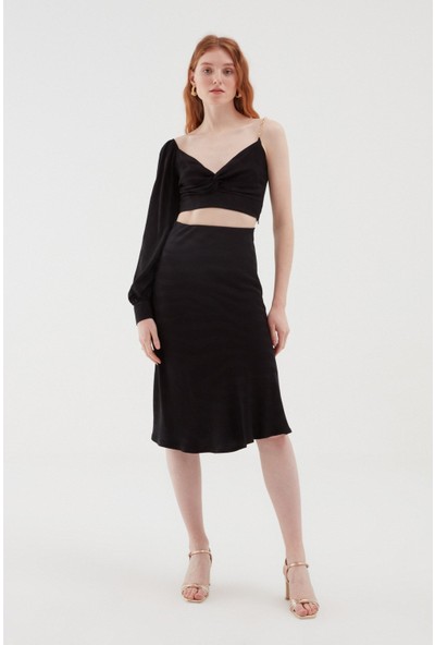 Quzu Jakarlı Midi Boy Etek Siyah