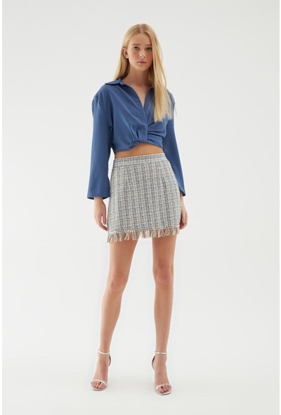 Quzu Püsküllü Zincir Detaylı Mini Etek Mavi Quzu Püsküllü Zincir Detaylı Mini Etek Mavi
