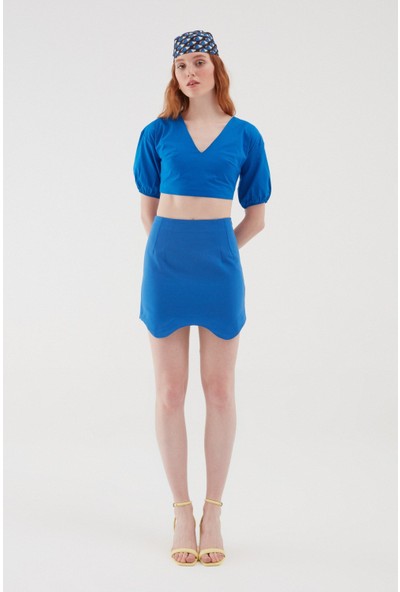 Quzu Pilise Detaylı Asimetrik Mini Etek Sax