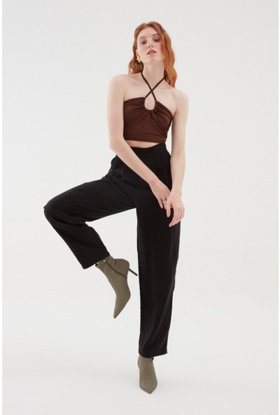 Quzu Cep Detaylı Bol Paça Pantolon Siyah