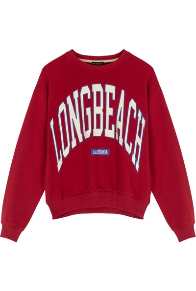 Quzu Yazı Baskılı Oversize Sweatshirt Kırmızı