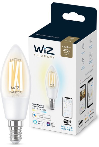 Wiz Wi-Fi Beyaz Ambiyans Akıllı Filament Ampul 40W - C35 - E14 Ince Duy Wiz Wi-Fi Beyaz Ambiyans Akıllı Filament Ampul 40W - C35 - E14 Ince Duy