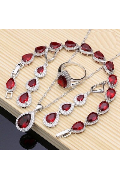 Risenj Xıngtelo Fashıon Su Damlası Kırmızı 925 Gümüş Takı Seti