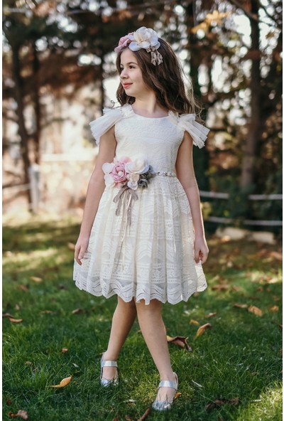 Mialora Exclusive Ekru, Kol, Sırt ve Kemer Detaylı Tamamı El Işçiliği Şık Elbise