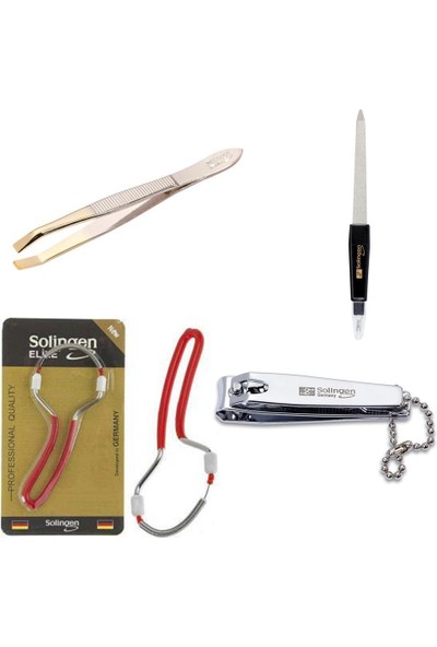 Solingen 4'lü Set 1 Adet Tırnak Törpüsü + 1 Adet Tırnak Makası + 1 Adet Cımbız + 1 Adet Pratik Epilasyon Yayı