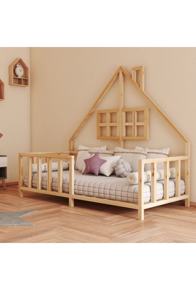 Zerka Concept Alya Doğal Ahşap Çatılı Montessori Çocuk Yatak Karyola Beşik Ithal Çam 120 x 200 cm