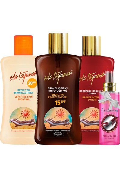Eda Taşpınar Bronzlaştırıcı Koruyucu Yağ SPF 15 & Beyaz Ten SPF 20 & Koruyucu Losyon 200 ml x 3 Çeşit) Eda Taşpınar Bronzlaştırıcı Koruyucu Yağ SPF 15 & Beyaz Ten SPF 20 & Koruyucu Losyon 200 ml x 3 Çeşit)