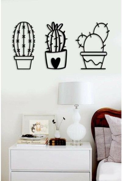 Evde Ucuz 3'lü Kaktüs Dekor Ahşap Lazer Kesim