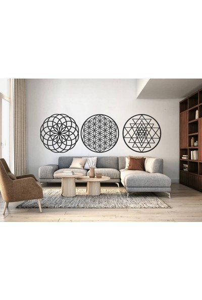 Evde Ucuz Yaşam Çiçeği Sri Yantra ve Torus 3'lü Set Duvar Tablosu