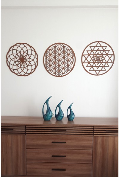 Evde Ucuz Yaşam Çiçeği Sri Yantra ve Torus 3'lü Set Kahverengi Duvar Tablosu