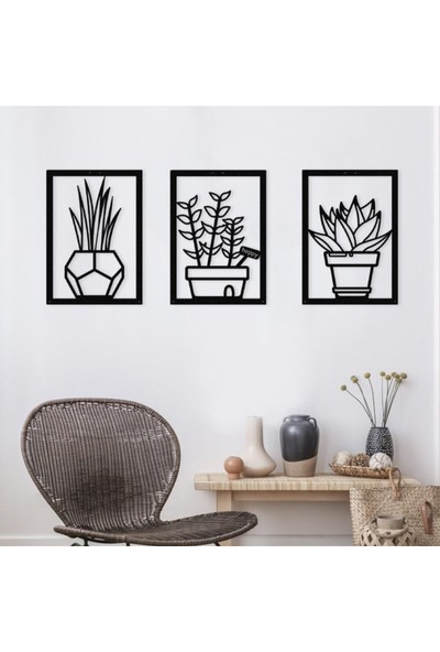Evde Ucuz 3'lü Saksı Çiçek Duvar Dekoru Evde Ucuz 3'lü Saksı Çiçek Duvar Dekoru
