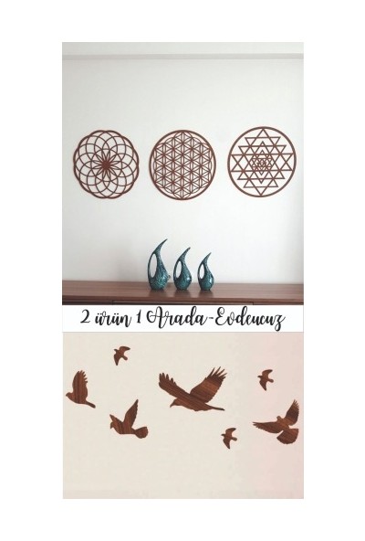 Evde Ucuz Yaşam Çiçeği Sri Yantra ve Torus 3'lü Set+7li Kuş Duvar Dekoru