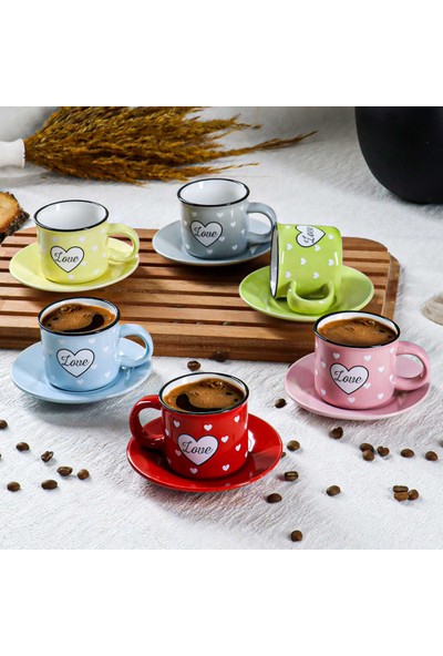 Porsima Rayan Love 12 Parça Renkli Türk Kahvesi Seramik Fincan Takımı