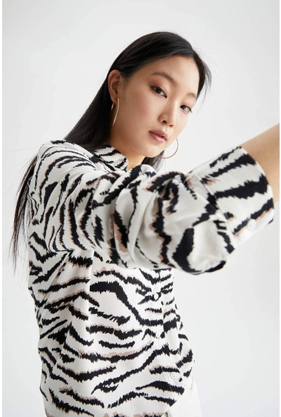 DeFacto Traditional Loose Fit Gömlek Yaka Zebra Desenli Uzun Kollu Tunik T0609AZ22SM DeFacto Traditional Loose Fit Gömlek Yaka Zebra Desenli Uzun Kollu Tunik T0609AZ22SM