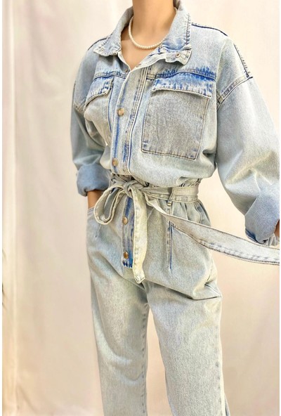 Elbee Belden Bağlamalı Kot Tulum - Mavi