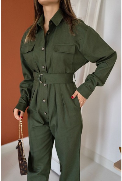 Elbee Düğmeli Kuşaklı Tulum - Haki