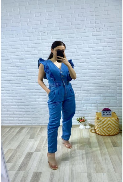 Elbee Fırfırlı Kot Tulum - Mavi