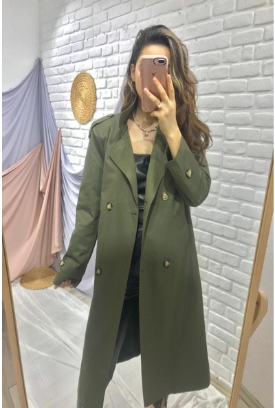Elbee Kemerli ve Düğmeli Trençkot - Haki