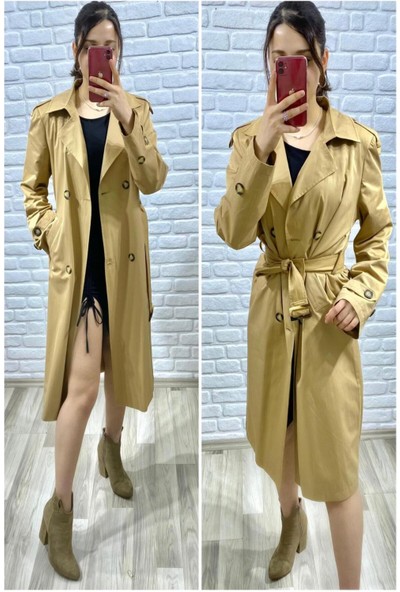 Elbee Kemerli ve Düğmeli Trençkot - Kamel