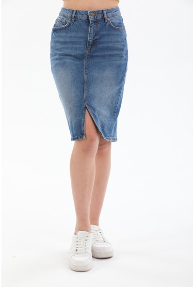 Bafer Moda Midi Boy Yırtmaçlı Lacivert Denim Etek Bafer Moda Midi Boy Yırtmaçlı Lacivert Denim Etek