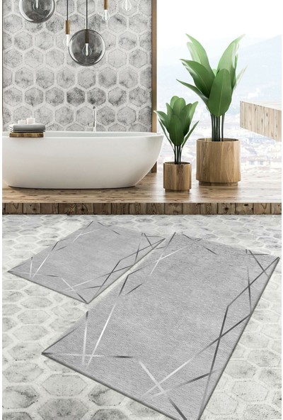 Esta Halı Gümüş Şeritli Gri Banyo Halı Takımı (60X100/40X60) - ES1098 Esta Halı Gümüş Şeritli Gri Banyo Halı Takımı (60X100/40X60) - ES1098
