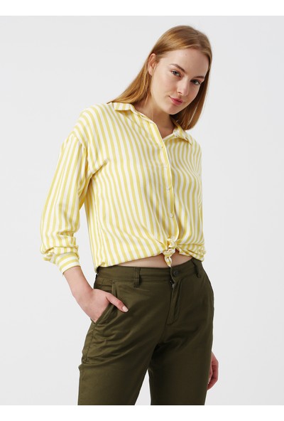 Limon Hetiy Sarı - Beyaz Çizgi Desenli Kadın Gömlek