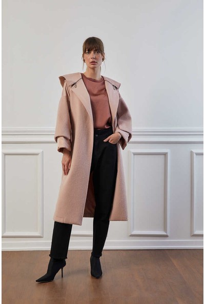 Hukka Kolları Fermuarlı Uzun Kaban Pudra Hukka Kolları Fermuarlı Uzun Kaban Pudra