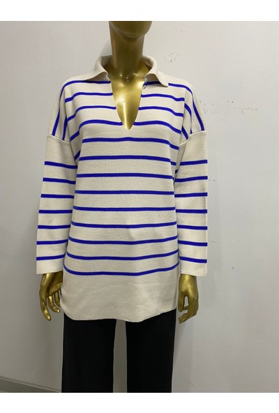 Qu Style V Yaka Mavi Çizgili Kazak-Qu-Mavi