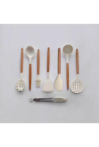 Rimmi Beyaz Çizmez Silikon Bambu Spatula, Kevgir, Kepçe, Fırça, Makarna ve Salata Kaşığı, Maşa 8'li Set