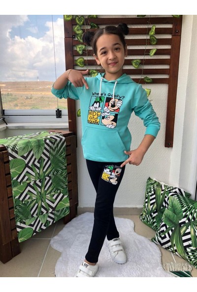 Kız Çocuk Eşofman Takımı 2li Su Yeşil Kapüşonlu Alt Üst Takım