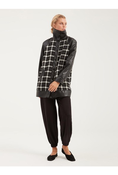 Venöve Check Deri Bomber Siyah