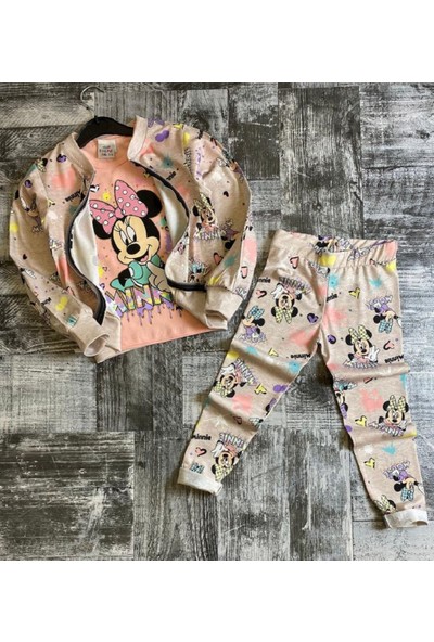 Mojqueno Kids Kız Çocuk Eşofman Takımı Minnie Leopar Desenli Şardonlu Hırka - Sweatshirt - Şardonlu Tayt Penye 3'lü Takım