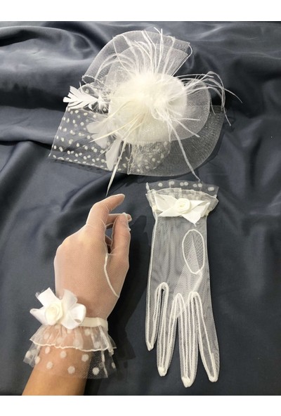 Hayalperest Boncuk Beyaz Eldiven- Puantiyeli Vualet Nikah Şapkası