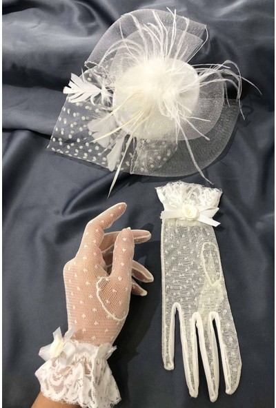 Beyaz Puantiyeli Eldiven-Vualet Nikah Şapkası