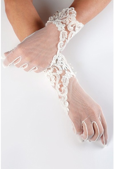 Hayalperest Boncuk Beyaz Çiçekli Dantel Desenli Gelin Eldiveni