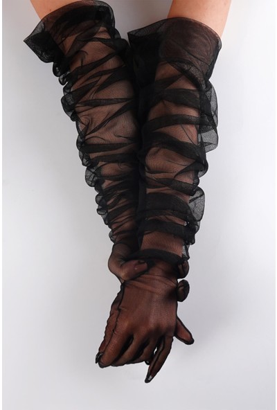 Hayalperest Boncuk Siyah Sade Düz Dirsek Boy Gelin Eldiveni