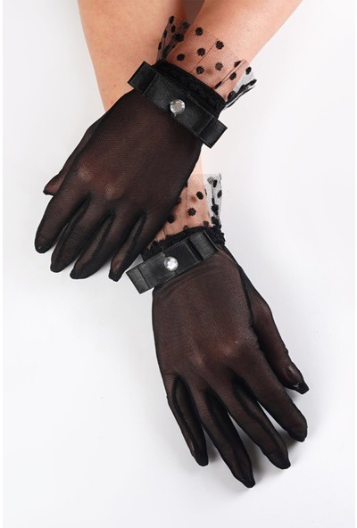 Hayalperest Boncuk Siyah Düz Fiyonklu Taşlı Gelin Eldiveni