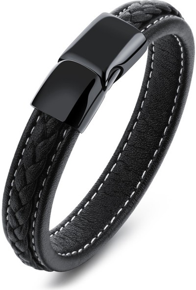 Trendd Siyah Çelik ve Deri Çelik Erkek Bileklik －2 Parça (Yurt Dışından)