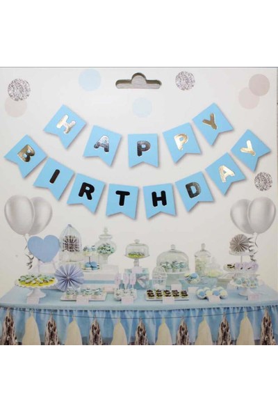 Patladı Gitti Mavi Zemin Happy Birthday Gümüş Banner