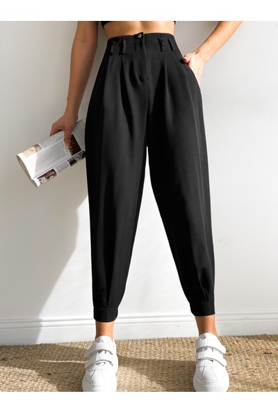 Aynadi Kadın Siyah Havuç Kesim Yüksek Bel Pantolon
