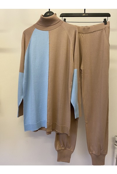 Niqozza Vinde Pantolonlu Triko Takım Bej-Mavi