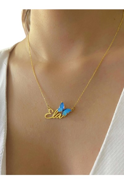 MaGümüş Altın Kaplama Üç Boyut Kelebeek Isimli Özel 925 Gümüş Kolye
