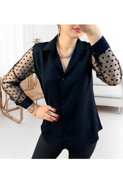 Butik İzmirden Puantiyeli Tül Kolludokuma Viskon Gömlek