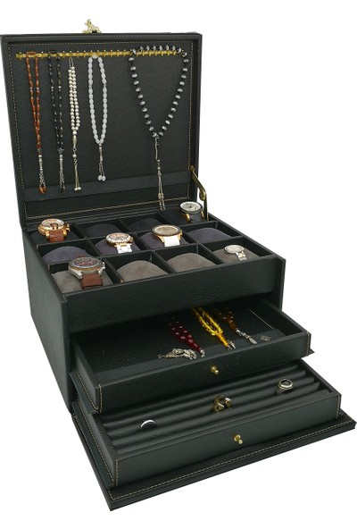 Standmarket Çekmeceli Saat Yüzük ve Tesbih Kutusu 12'li Camsız Siyah Standmarket Çekmeceli Saat Yüzük ve Tesbih Kutusu 12'li Camsız Siyah