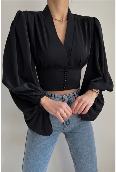 Madmext Mad Girls Siyah Düğmeli Bluz MG1392