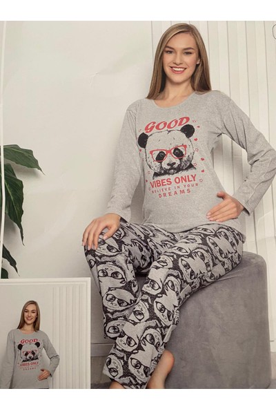 Luya Gri Pijama Takımı Panda Desenli