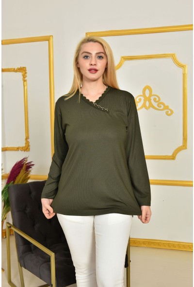 Tütsü Triko Haki Yaka Detaylı Rayon Triko Büyük Beden Bluz Merserize Anne Kazak Tütsü Triko Haki Yaka Detaylı Rayon Triko Büyük Beden Bluz Merserize Anne Kazak