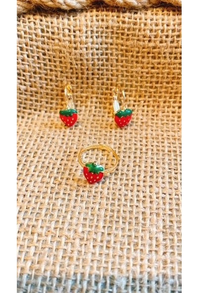 Yeşim Aksesuar Çilekli Çocuk Küpe ve Yüzük Seti, Alerji Yapmayan Çocuk Yüzük ve Küpe Set