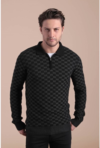 Ferraro Polo Yaka Fermuarlı Pamuk Kazak - Siyah