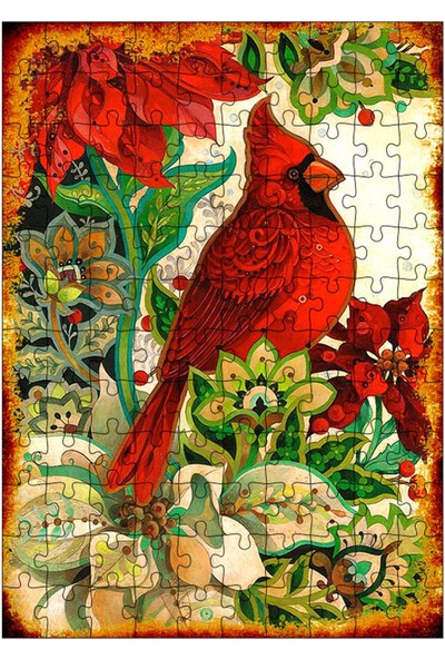 Tablomega Ahşap Mdf Puzzle Yapboz Kırmızı Kuş ve Çiçek 120 Parça 25*35 cm